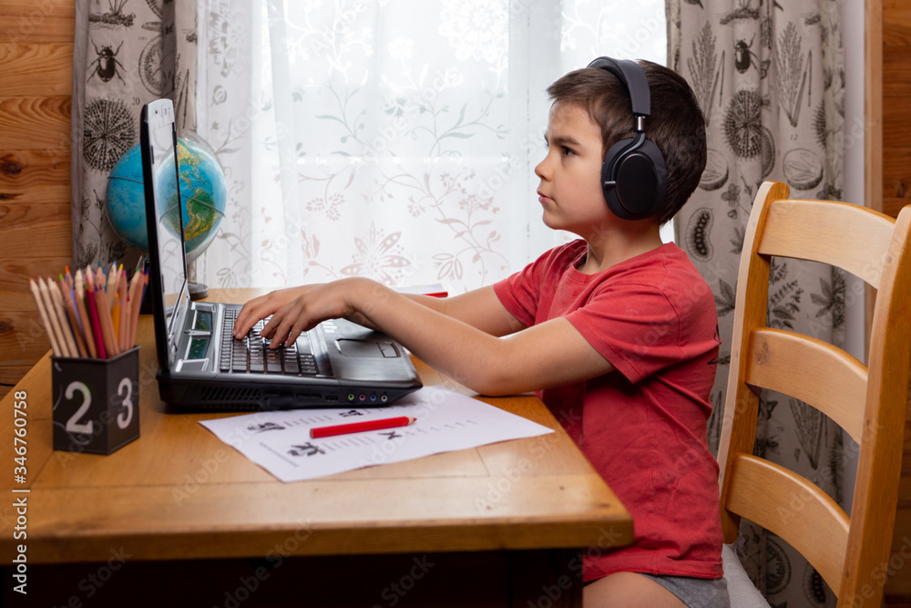 child studying from home. preschool kids with computer. distance online ...