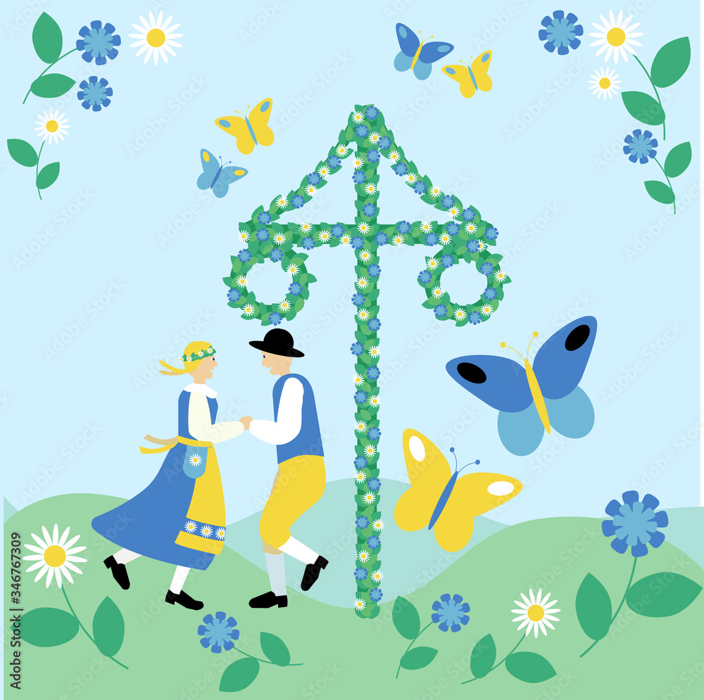 Swedish midsummer. A traditional Maypole with a loving dancing couple ...