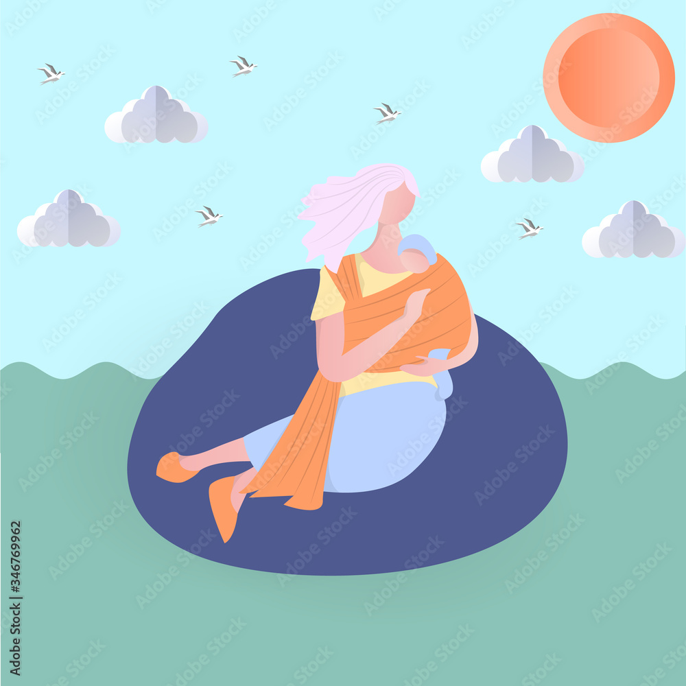 Woman carrying baby on her hands on a street. Simple vector ...