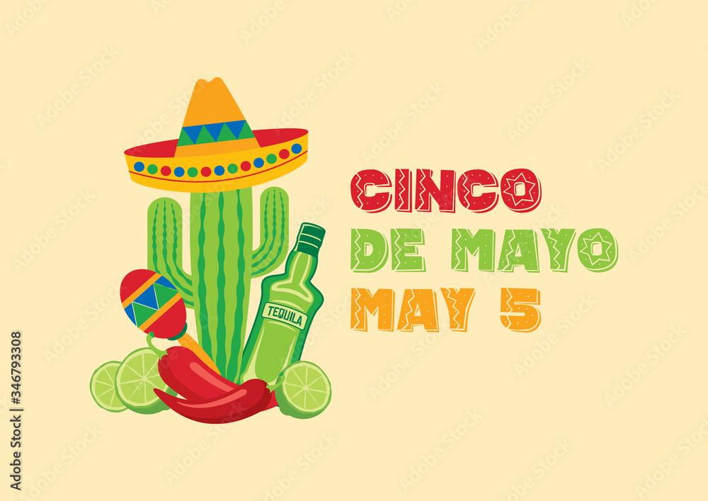 Cinco de Mayo Mexican national holiday with Mexican attributes vector ...