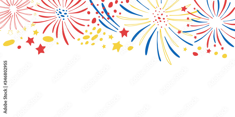 Cartoon fireworks on the top of the page. Hand drawn vector sketch ...