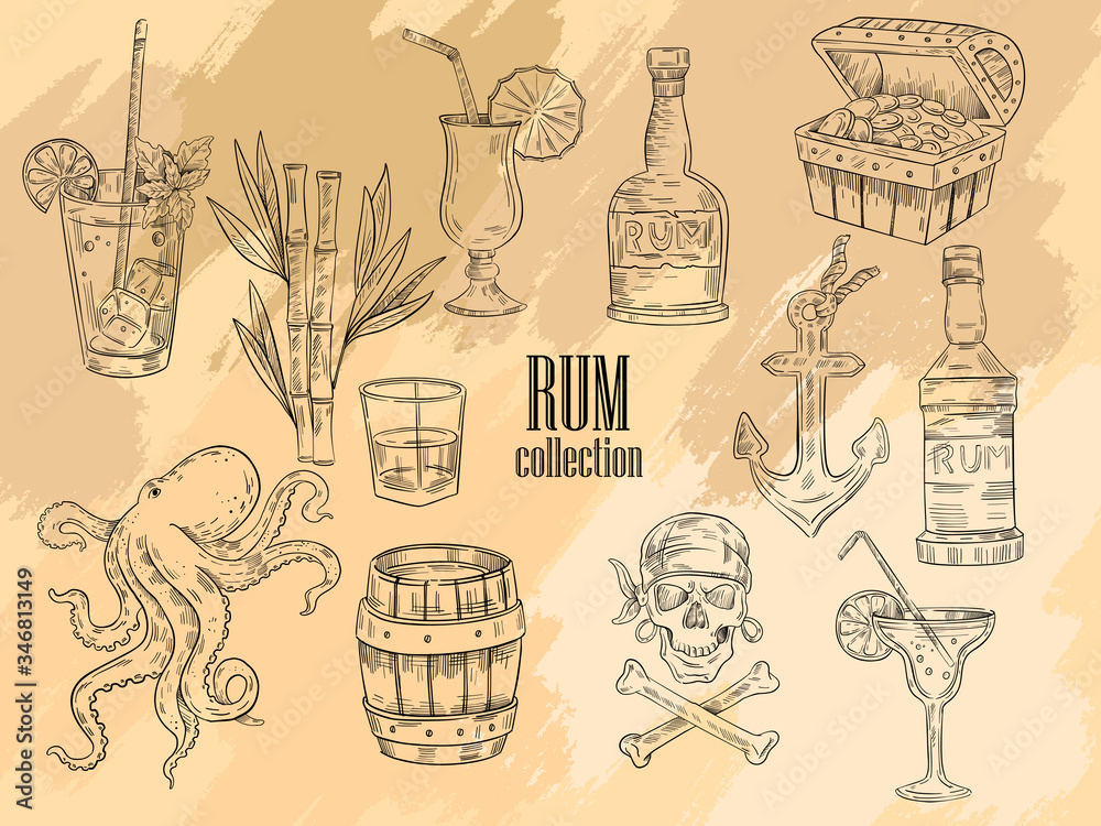 Vector hand drawn “Rum” set in engraving vintage style with octopus ...