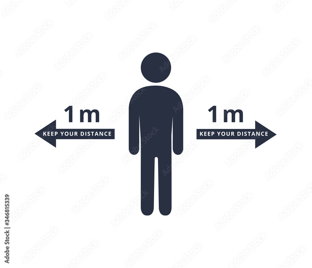 Vector human silhouette sign with text keep your distance, 1m social ...