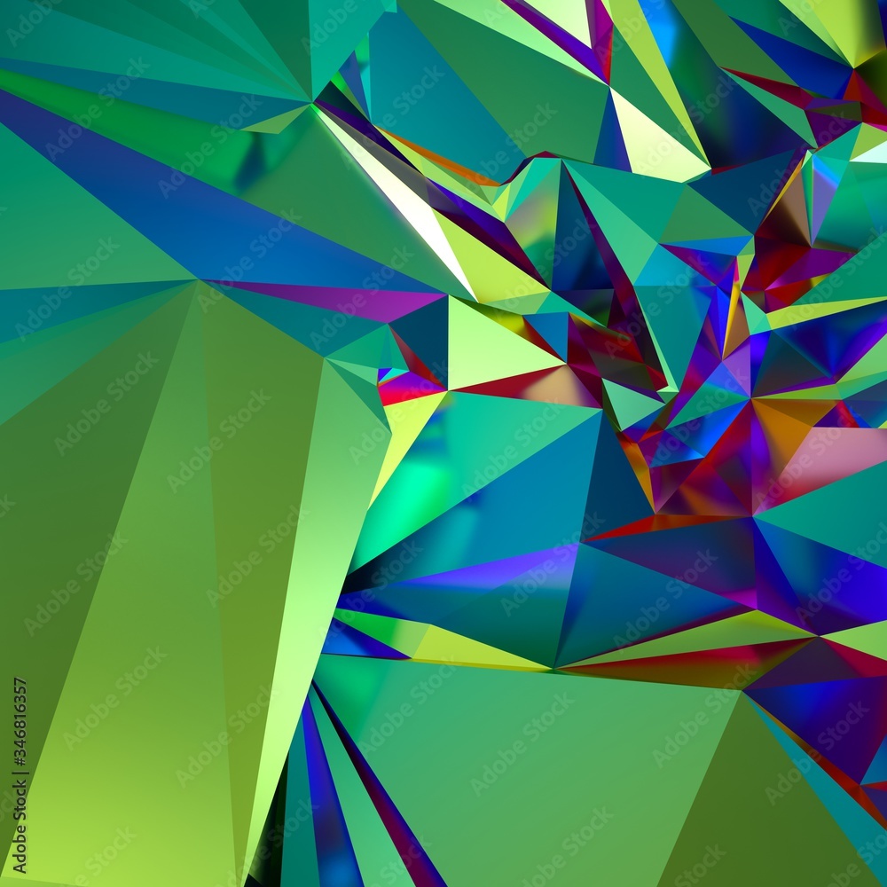 3d render, abstract polygonal faceted background, green blue red ...