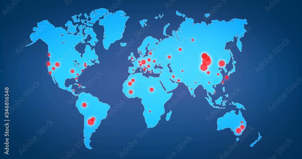 Graphic blue map of world with coronavirus marks. Animation of places ...