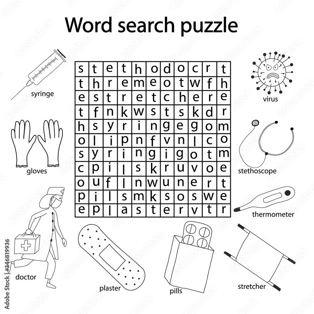 Find words in a table on the theme of medicine, crosswords puzzle game ...