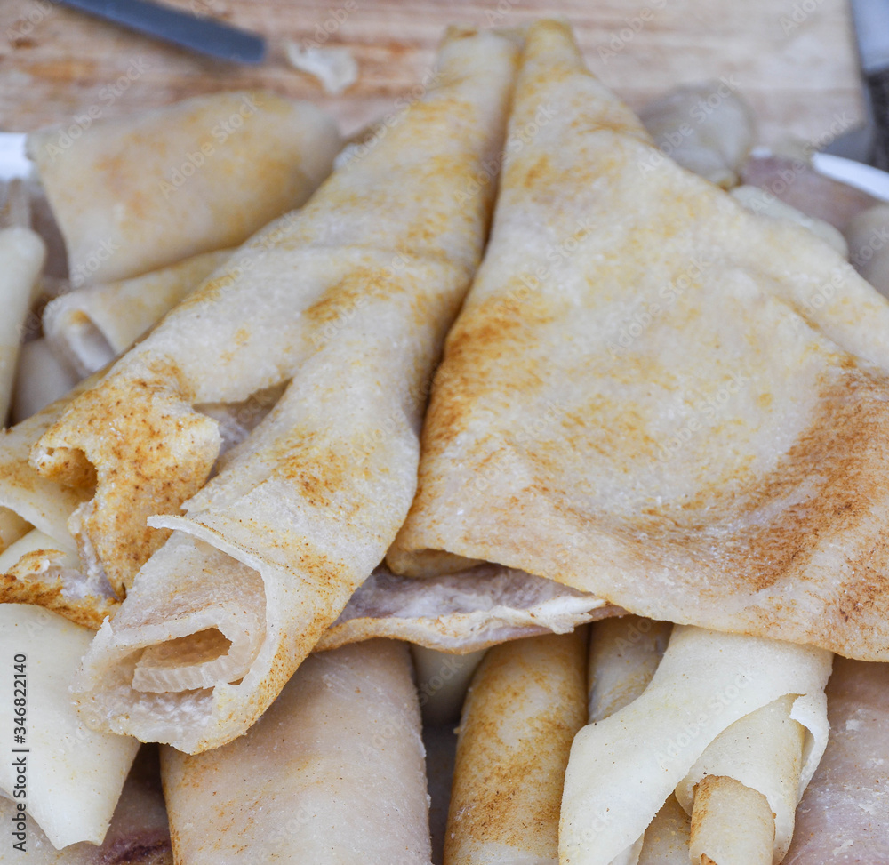 Traditional romanian sorici, pork skin for sale during food festival ...