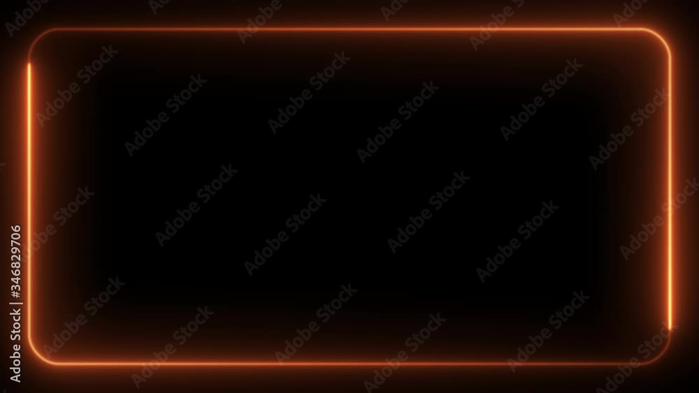 Glowing neon orange frame on an isolated black background. Empty neon ...