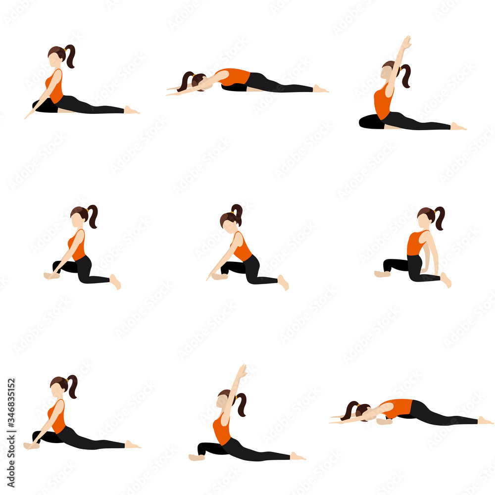 Pigeon pose modifications yoga asanas set/ Illustration stylized woman ...