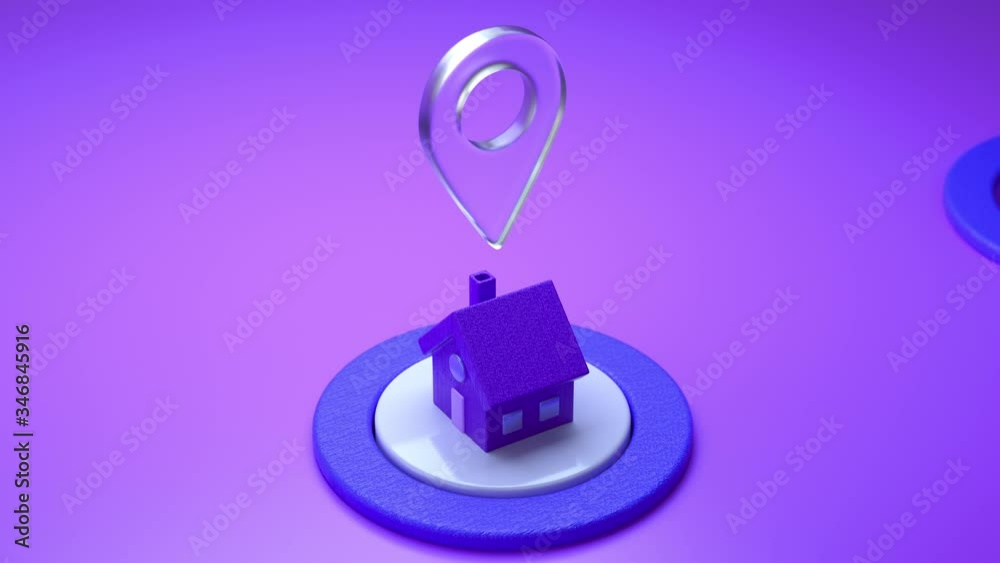4K Houses and locations pin on a violet purple background. Isometric animation. House location ...