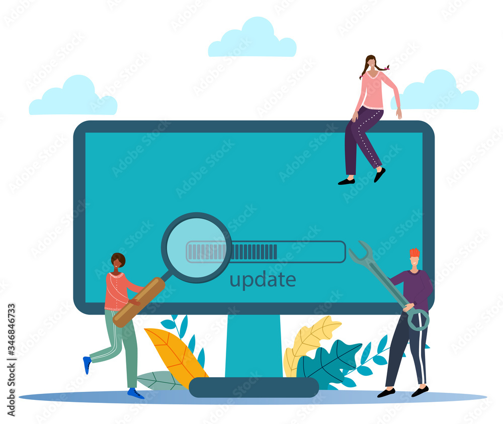 Vector illustration.People are updating the operating system.Flat ...