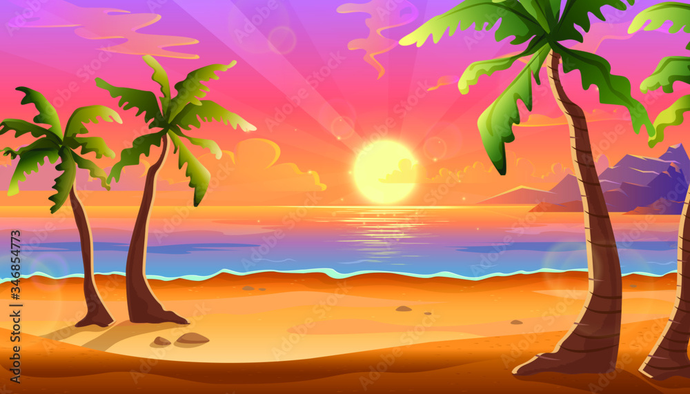 Vector cartoon illustration of ocean landscape in sunset or sunrise ...