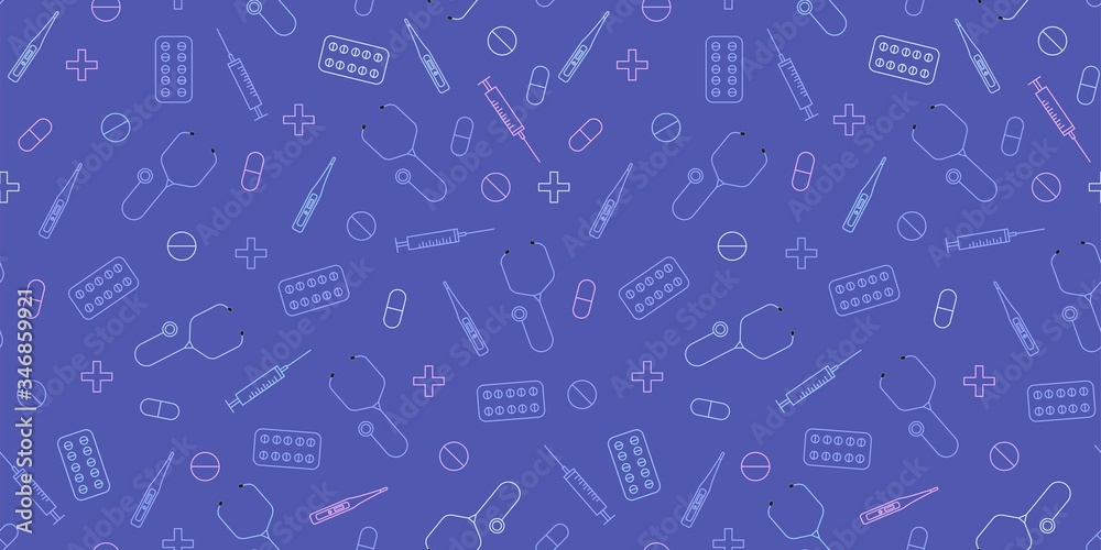 Seamless pattern design with medical or pharmacy elements on blue ...