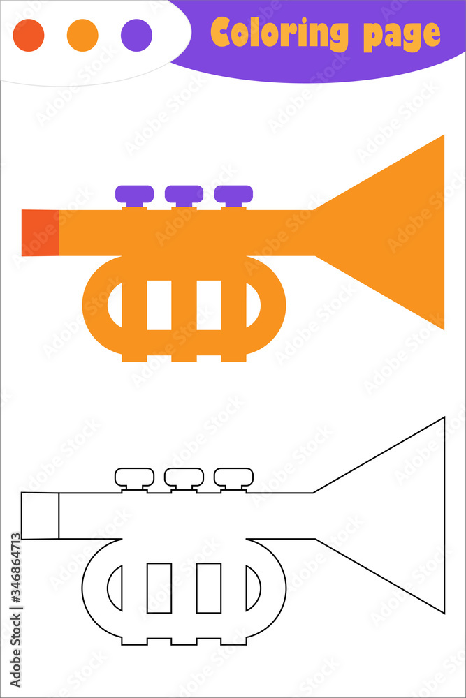 Trumpet in cartoon style, coloring page, education paper game for the ...