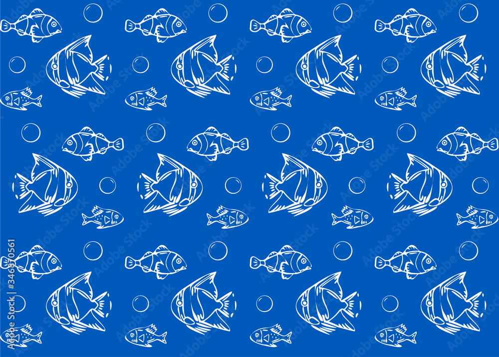 seamless pattern aquarium fishes, white outline fish on blue background ...