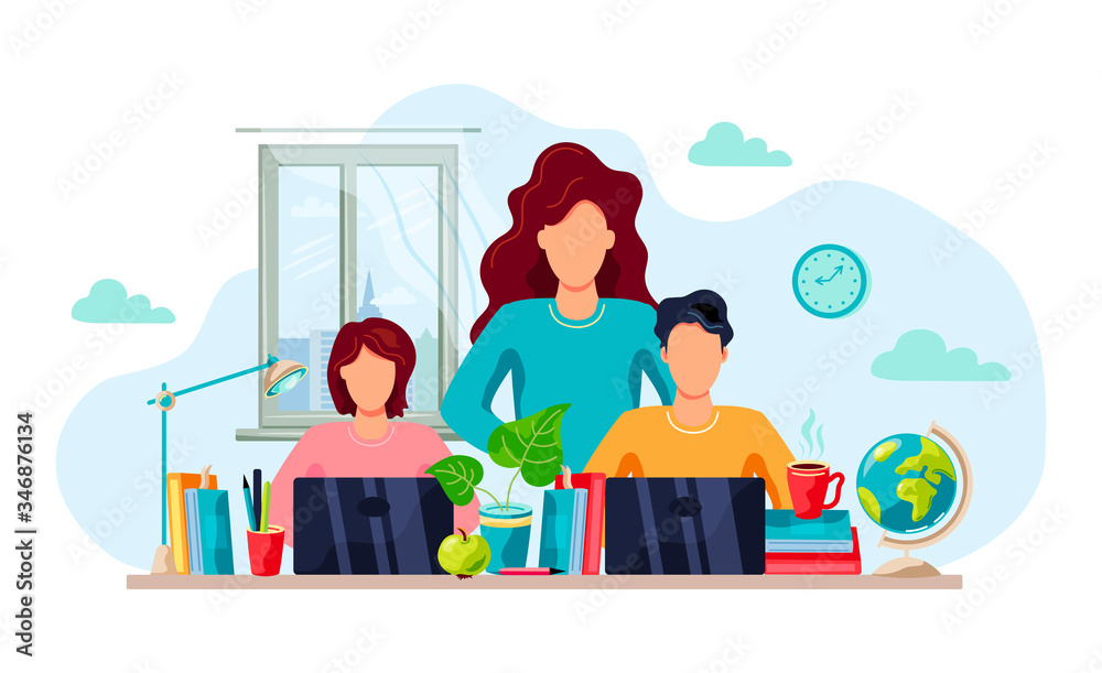 Home learning concept. Mother is helping students to do homework. Flat ...