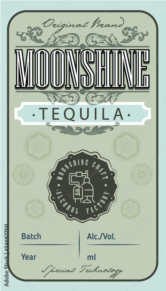 Vintage tequila label with ethnic elements in thin line style. Alcohol ...
