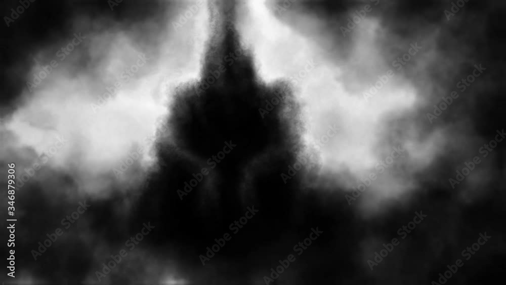 Dark silhouette of seated demon made of smoke. 2D animation in genre of ...