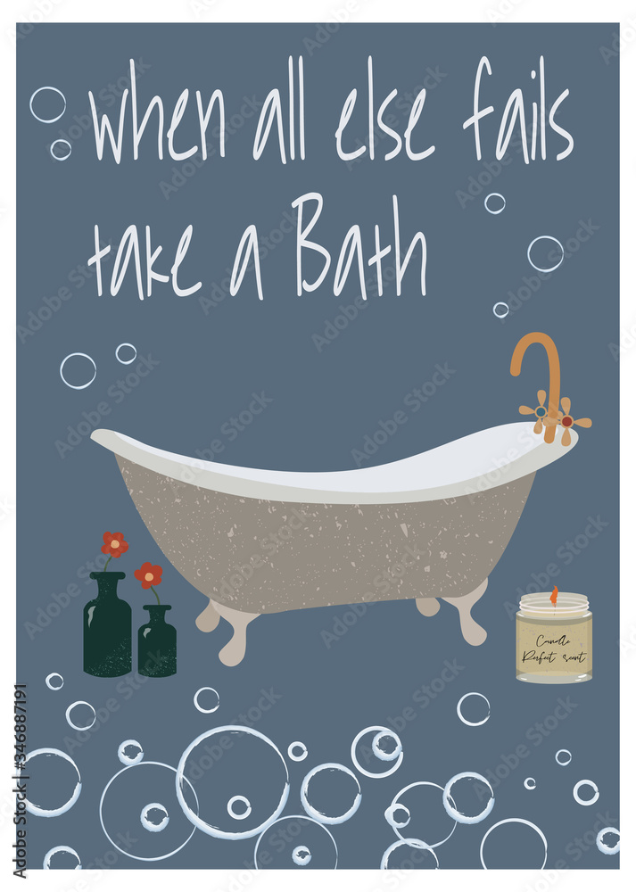 Vector illustration of bathtub with candle, bubbles and flowers ...