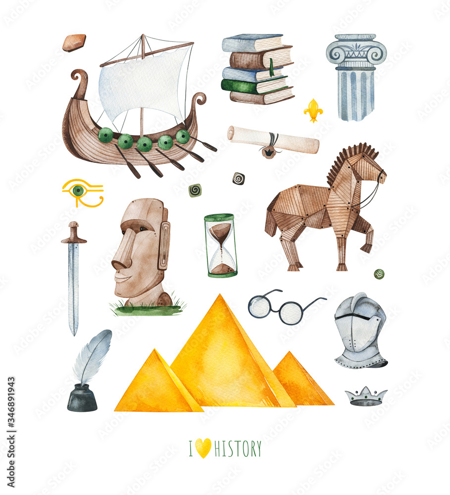 Watercolor History set.Texture with cute historical oblects:crown ...