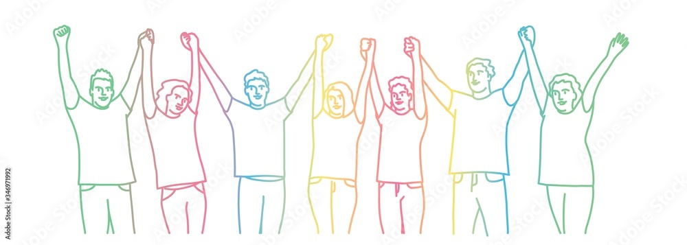 People hold hands, hands are lifted up. Rainbow colors in linear vector ...
