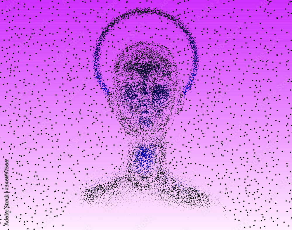 Human female head with halo or aureola made of particles, starry sky on ...