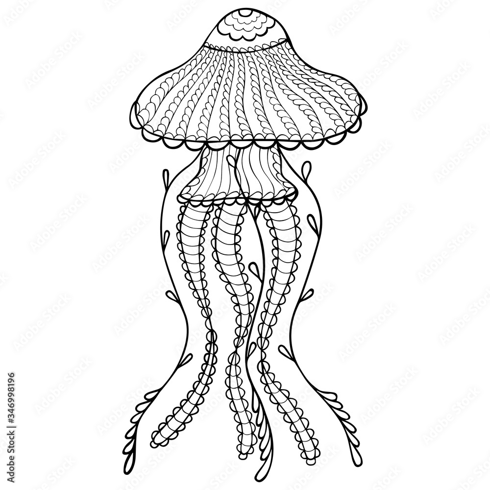 Hand-drawn contour jellyfish in zentangle style. Patterned black and ...