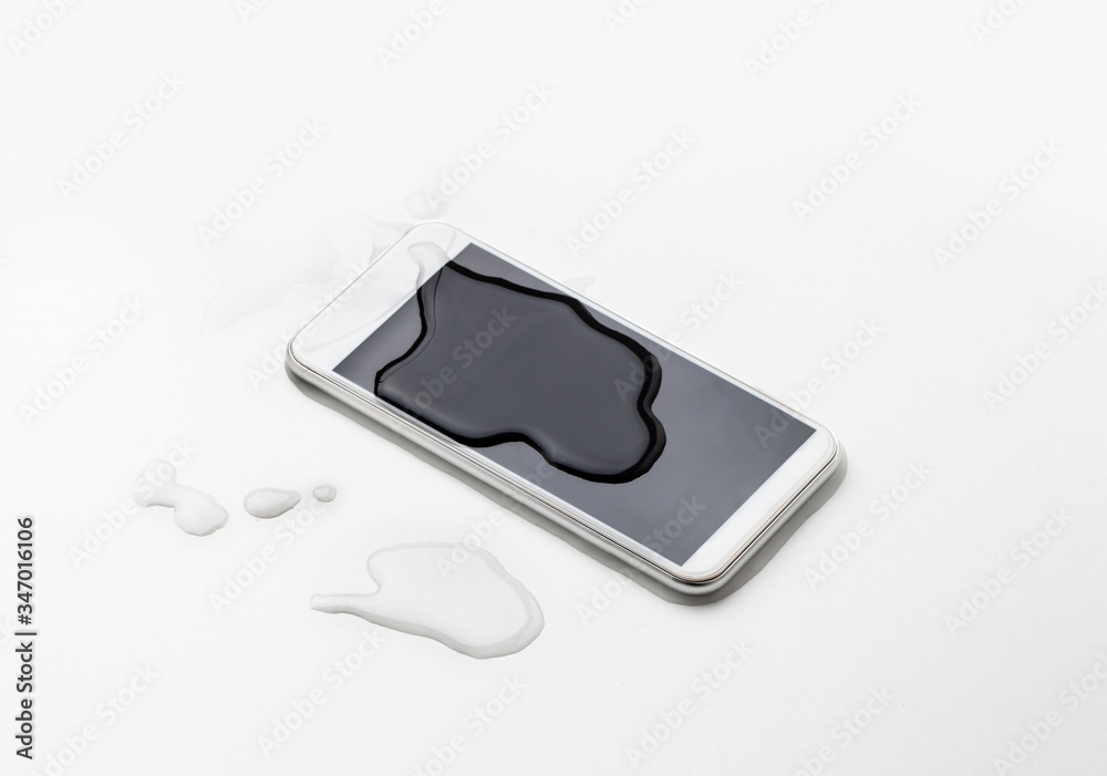 water drop on samartphone mobile on top view, waterproof phone concept ...
