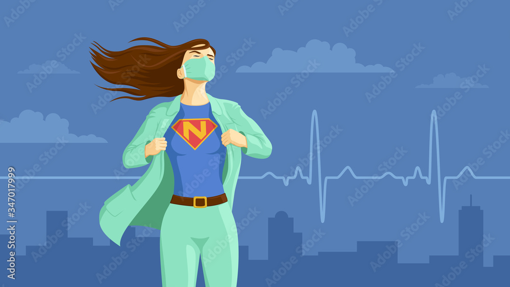 Detailed flat vector illustration of a nurse revealing her superhero ...