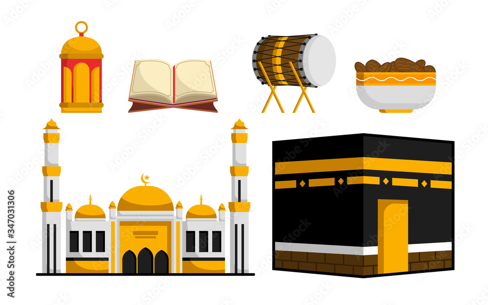 Vetor de Islamic Muslim vector illustration collection. Mosque, lantern ...