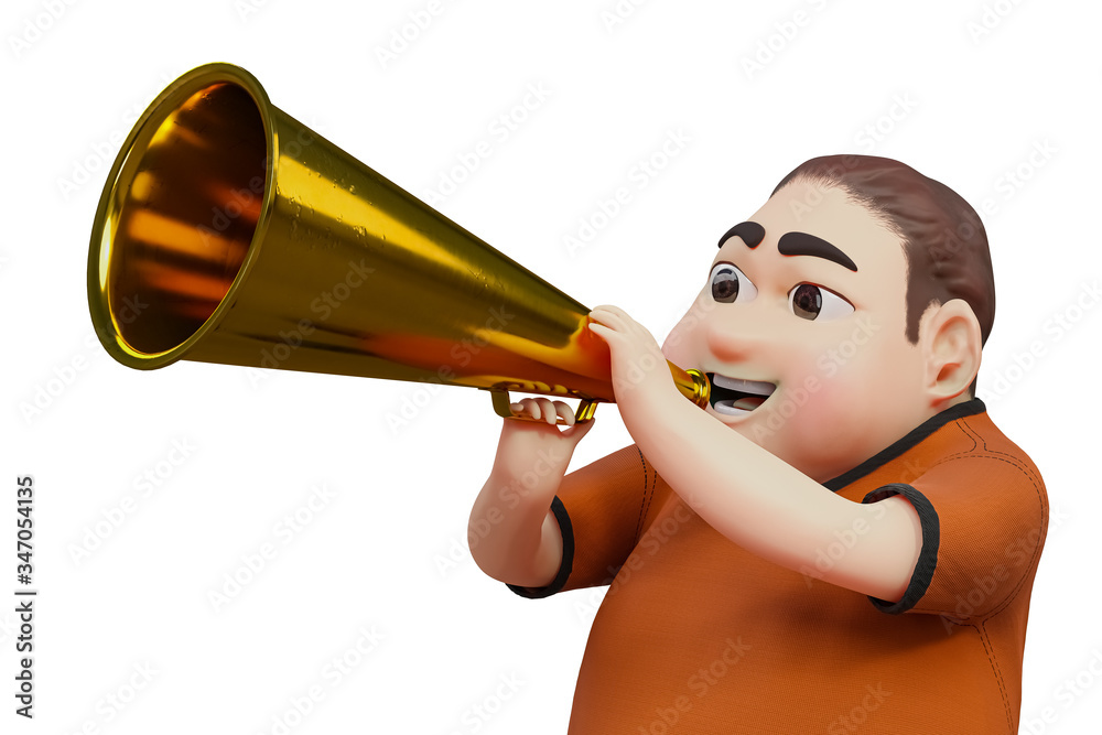 3d rendering of the cute fat boy shouting into the golden retro ...