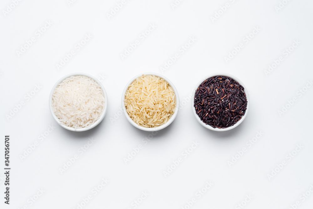 Rice bowls top view white background. 3 varieties of rice, white jasmin ...