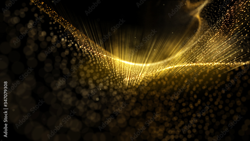 Digital Gold Particles Wave and light abstract background with shining floor particle stars dust ...