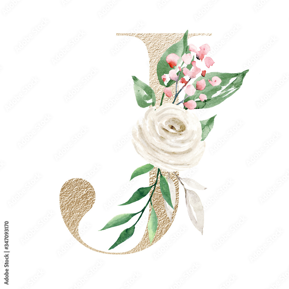Letter J gold with watercolor flowers roses. Monogram hand drawing ...