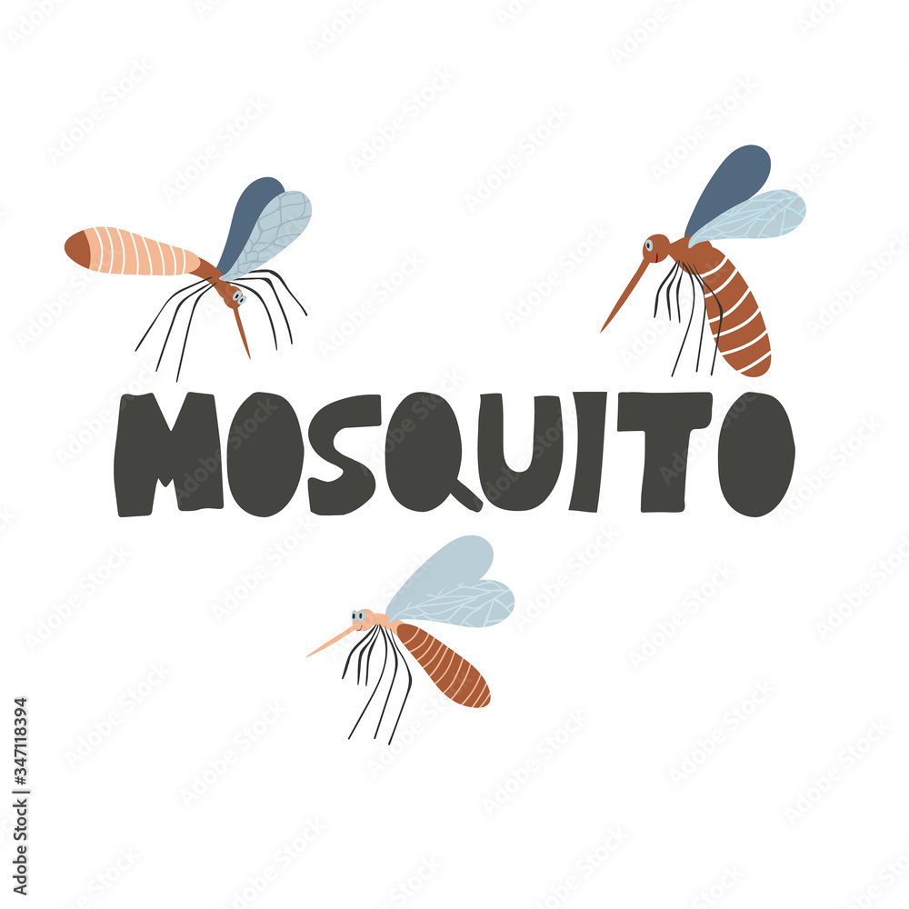 mosquito. hand drawn lettering. Vector illustration cartoon flat icon ...
