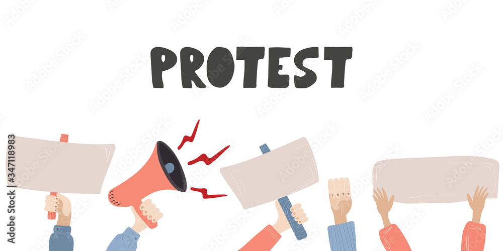 protest. Vector illustration of people holding signs, banner, megaphone ...