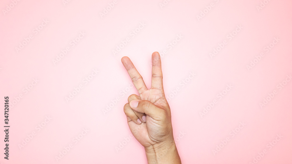 Male hand symbol holding 2 fingers isolated on pink background, Blank ...