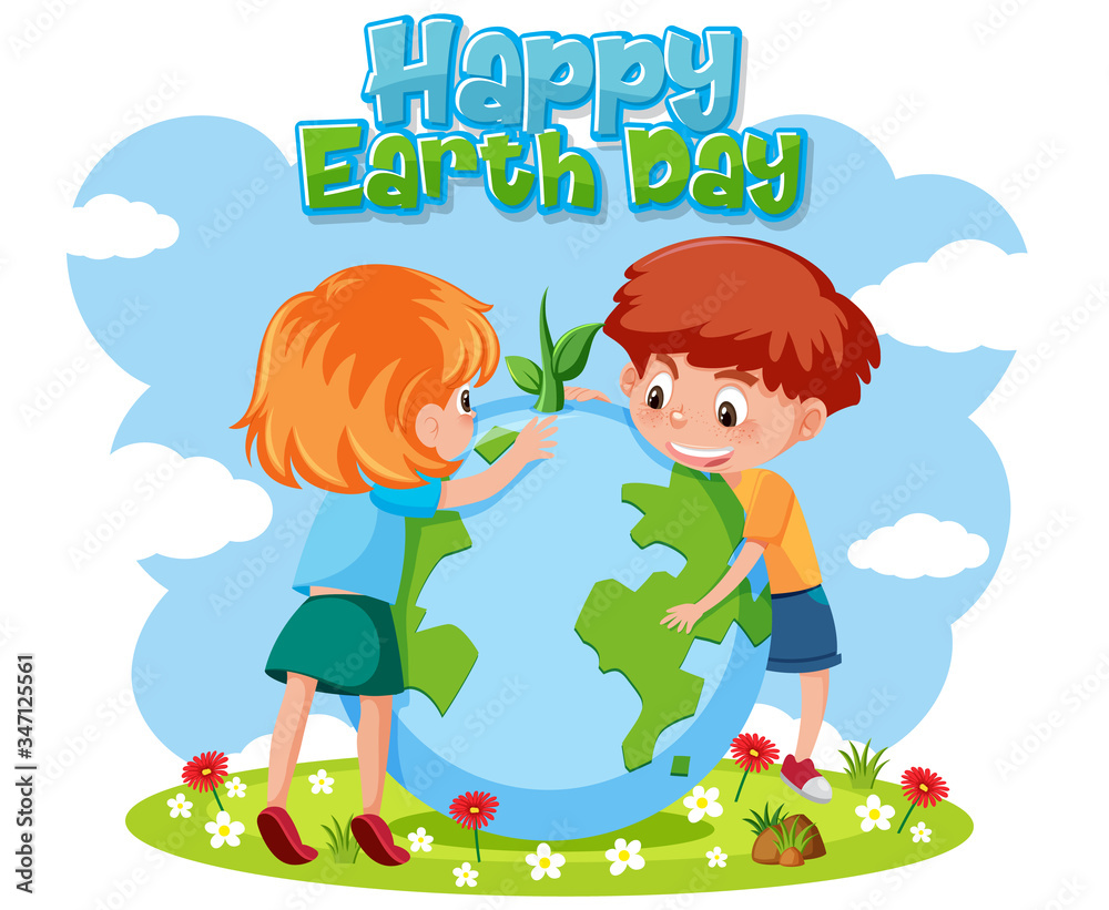 Poster design for happy earth day with happy children planting tree ...