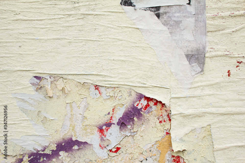 Beige old dirty torn and crumpled paper placard on urban grunge wall ...