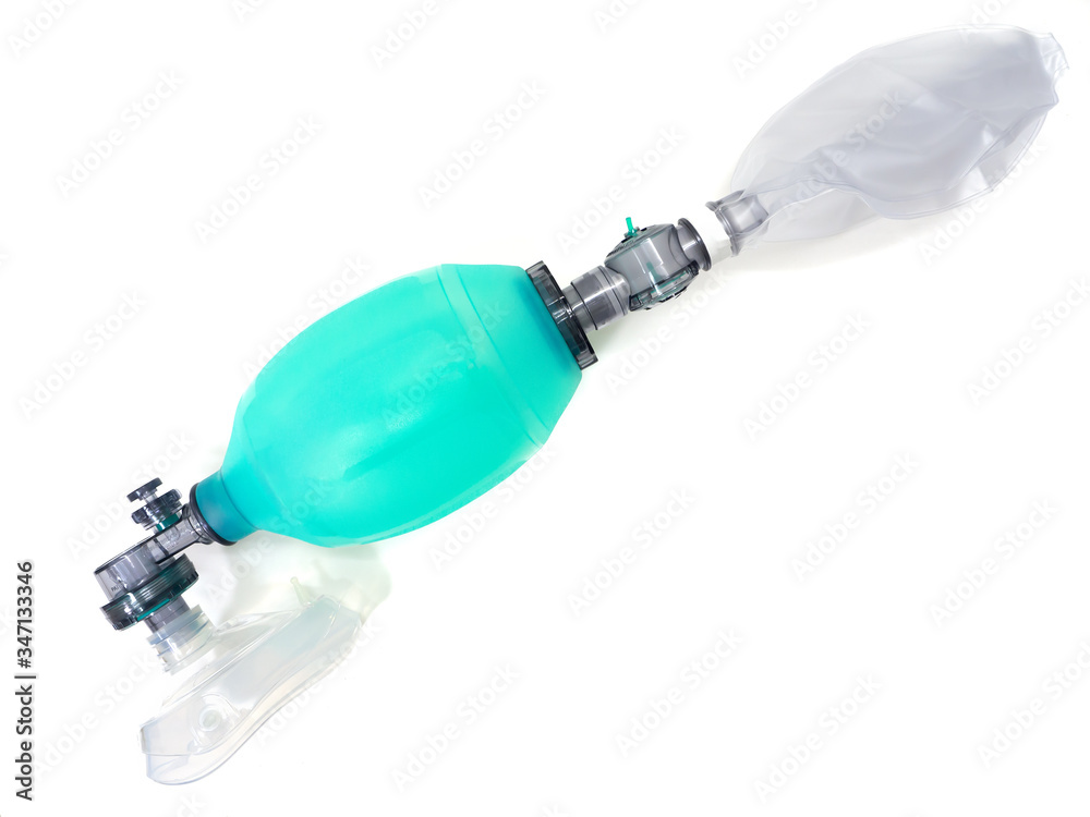 Medical breathing devices called Ambu are placed on a white background ...