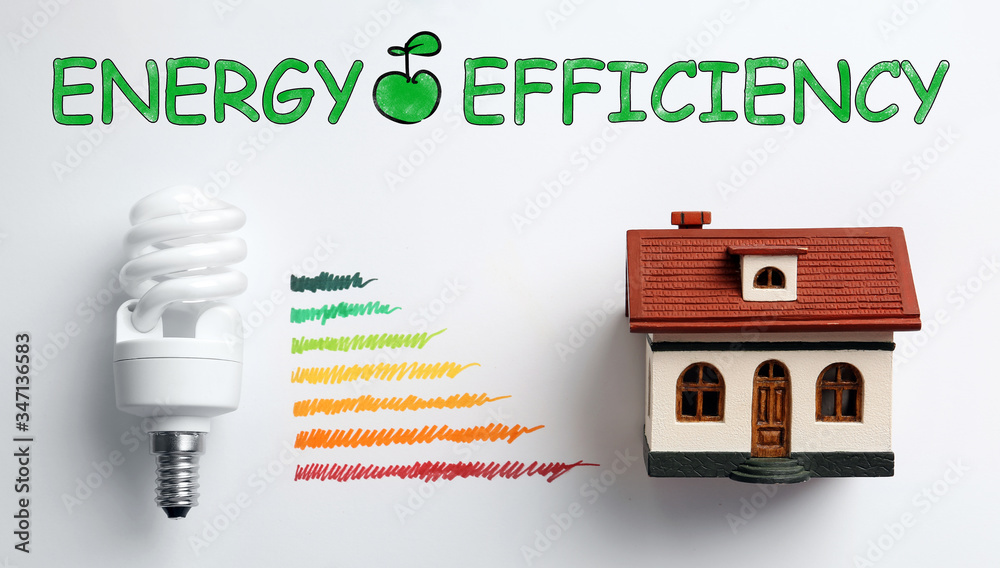 Energy efficiency concept. Colorful chart, house model and lamp on ...