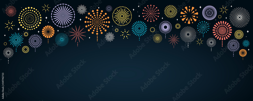 Vector illustration with bright colorful fireworks border on a dark ...