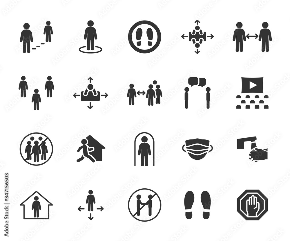 Vector set of social distance flat icons. Contains icons safe distance ...