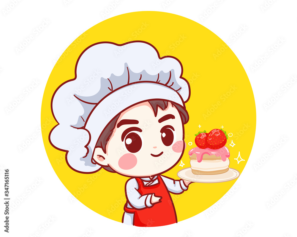 Cute Bakery chef boy Holding a cake smiling cartoon art illustration ...