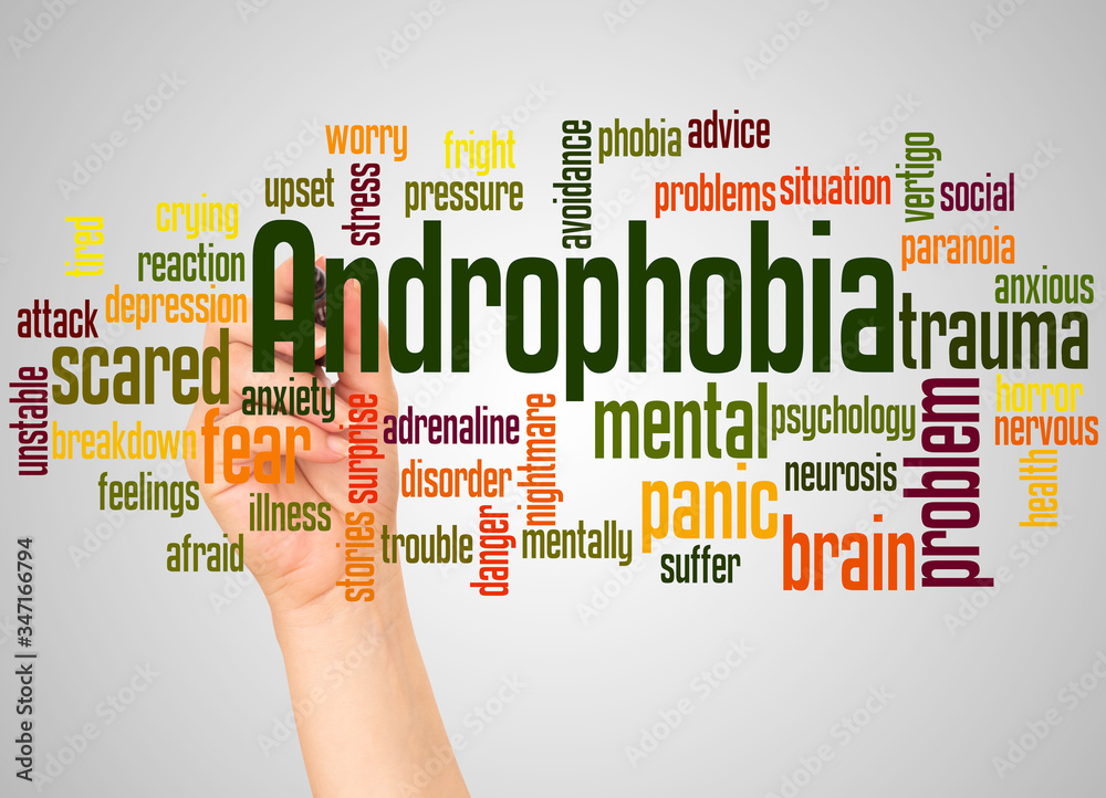 Androphobia fear of men word cloud and hand with marker concept Stock ...