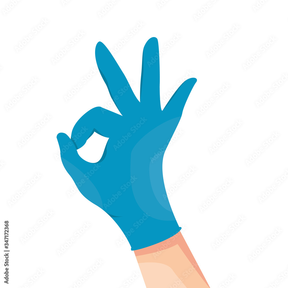 Human hand in blue latex medical glove shows okay symbol. Vector ...