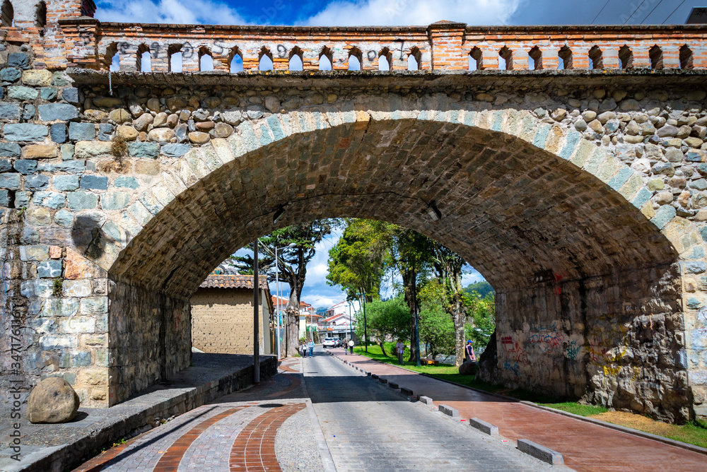 One of the arches of the Puente Roto or Broken Bridge in Cuenca ...