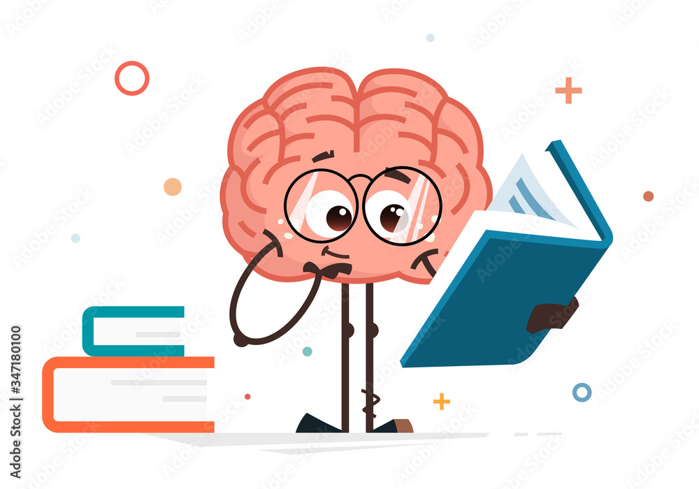 Cute smart brain color vector character reading big book and thinking ...