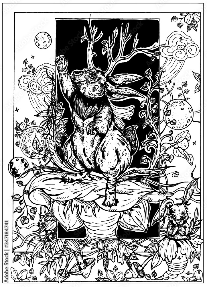 Magic creature, rabbit with long ears, branching horns and small wings ...