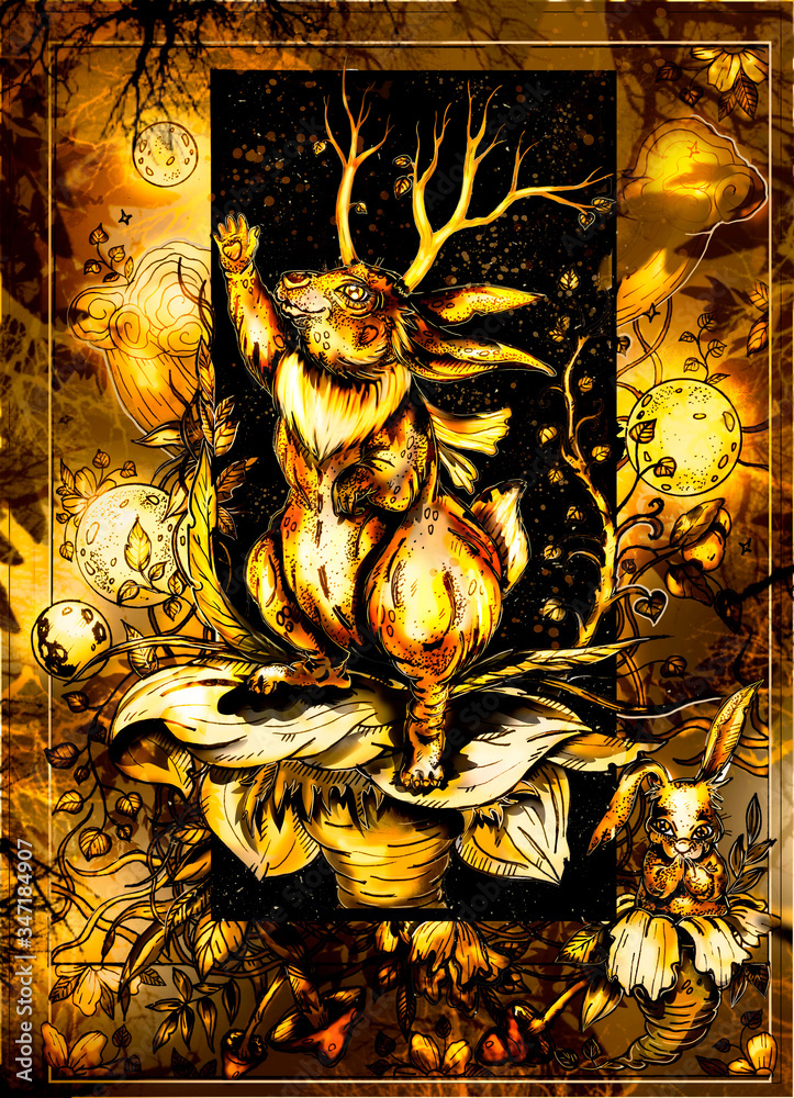 Magic creature, rabbit with long ears, branching horns and small wings ...